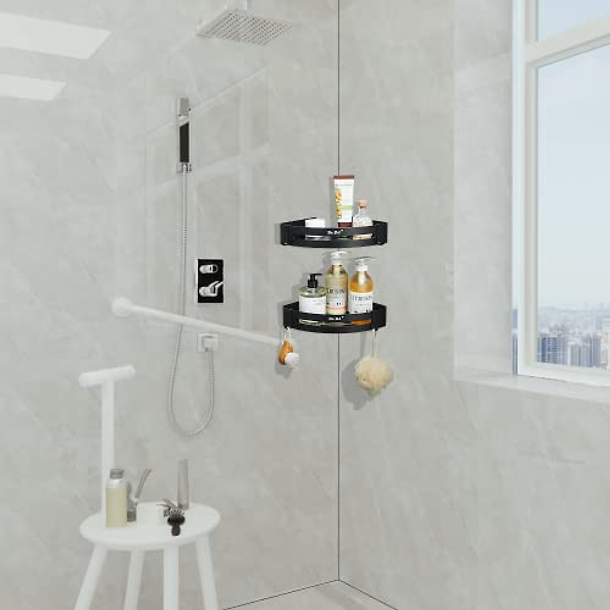 Dr.DJ Matte Black Corner Shower Shelf,Corner Shower Caddy, Adhesive Bathroom Shelf Wall Mounted,No Drilling Shower Shelf for Inside Shower,With 4 Hooks,For Bathroom,Kitchen,Restroom (2 PACK)