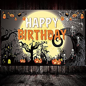 Famoby Happy Birthday Halloween Theme Fabric Sign Poster Banner Backdrop Halloween Pumpkin,Ghouls, bat,spide for Brithday Photo Booth Background Party Decoration