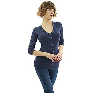 AmélieBoutik Women V Neck Eyelet Trim Long Sleeve Sweater (Dark Heather Blue Medium)