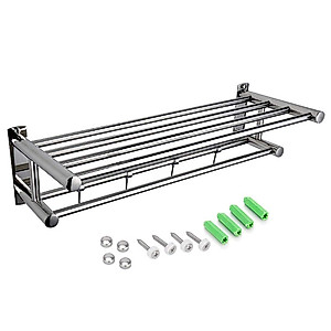 Towel Rails Wall Mounted Hotel Towel Shelf Storage Holder Compatible with 4 Hooks,Bathroom/Kitchen Towel Rack Stainless Steel for for Towels, Bathrobe, Tea Towels Towel Racks to Pursue Happiness