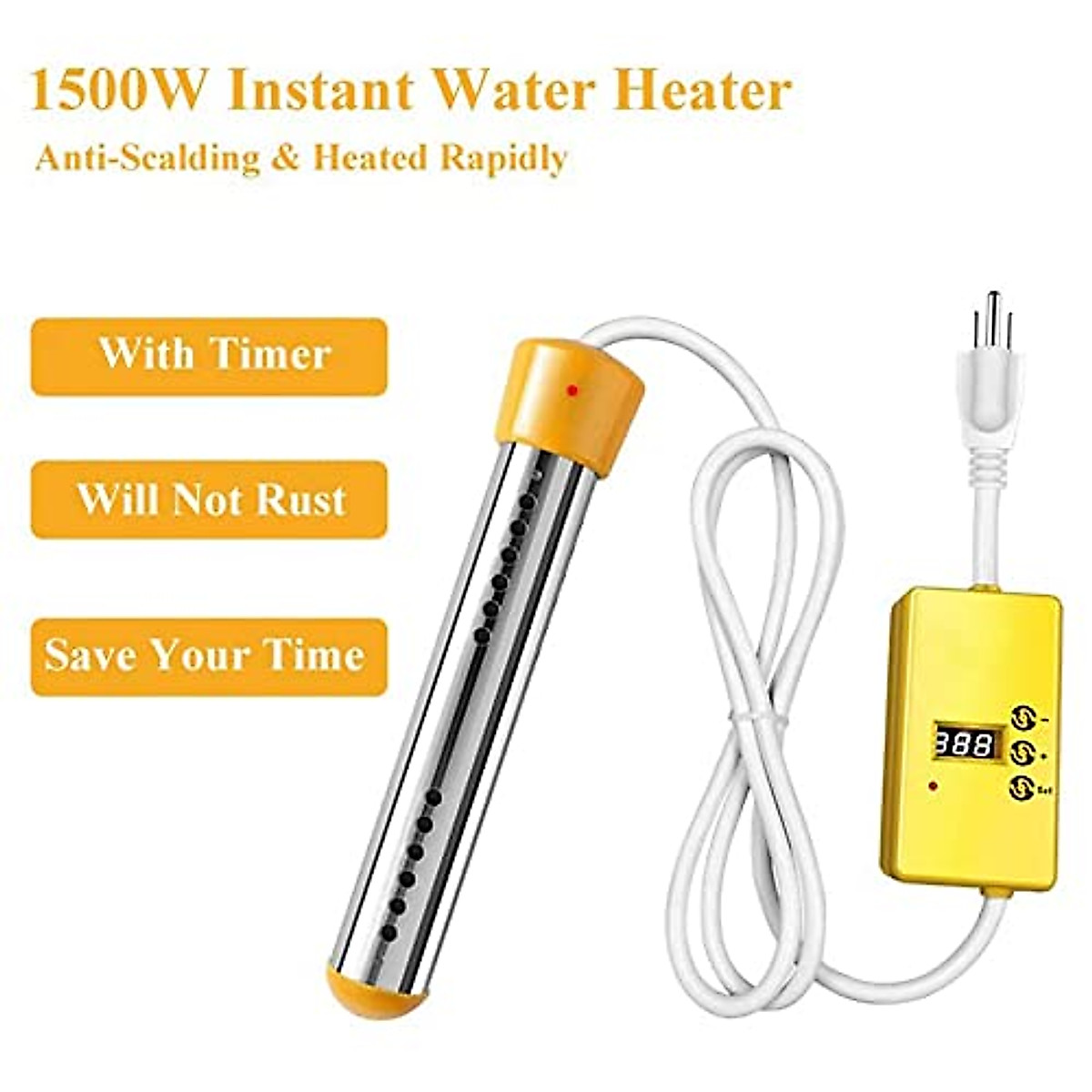 Immersion Water Heater, 1500W Portable Electric Submersible Water Heater with Timer, Stainless Steel Guard Cover and Digital Thermometer for Home Travel Camping