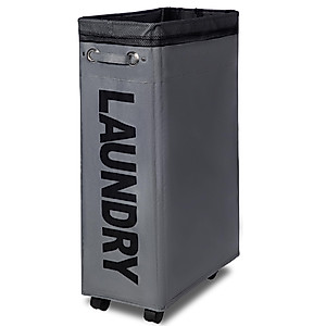 TWIRA 26-Inches Slim Laundry Basket, Laundry Hamper with Wheels (4 colors), Collapsible Corner Storage Bins, Rolling Hamper Dorm Basket(Dark Grey)