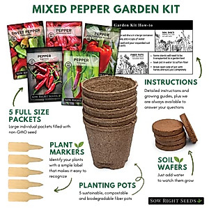 Sow Right Seeds - Heirloom Pepper Starter Kit - 5 Seed Packets, Pots, Potting Soil, Plant Markers - Start Habanero Bell Cayenne Serrano and Cubanelle Seeds Indoors - Non GMO Great Gift