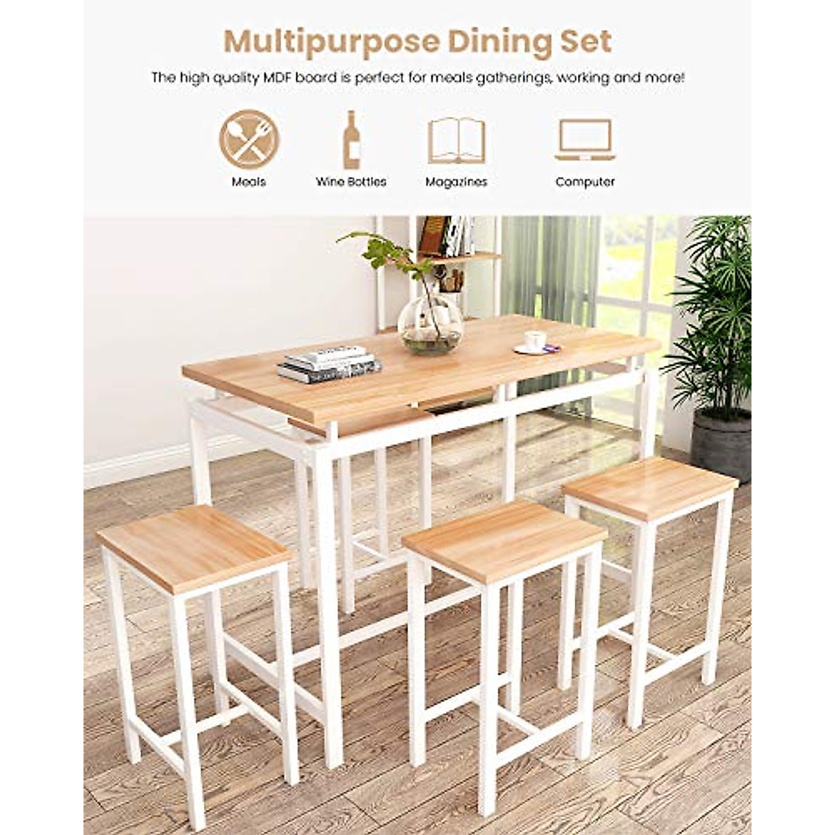 Recaceik 5 PCS Dining Table Set, Modern Kitchen Table and Chairs for 4, Wood Pub Bar Table Set Perfect for Breakfast Nook, Small Space Living Room