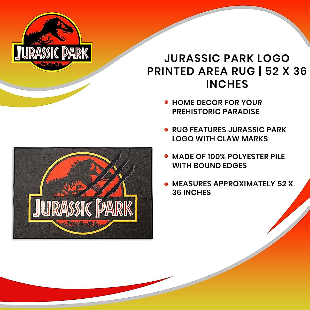 Jurassic Park Logo Printed Area Rug | Indoor Floor Mat, Accent Rugs For Living Room And Bedroom, Home Decor For Kids Playroom | Dinosaur Toys, Gifts And Collectibles | 52 x 36 Inches