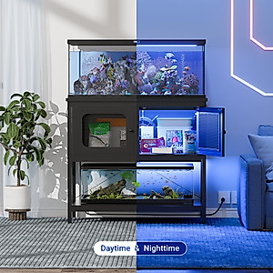 iSunirm 40 Gallon Fish Tank Stand with LED Light and Outlet, Metal Aquarium Stand with Cabinet and Accessories Storage, Reptile Tank Turtle Terrariums Table Stand Hold 880LBS and 2 Aquariums, Black