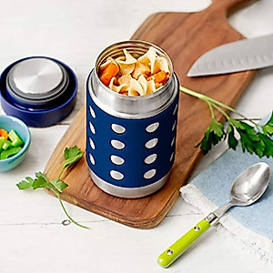 LunchBots Thermal 16 oz Triple Insulated Thermos - Hot 6 Hours or Cold 12 Hours - Leak Proof Thermos Soup Jar - All Stainless Interior - Navy Lid - Navy Dots