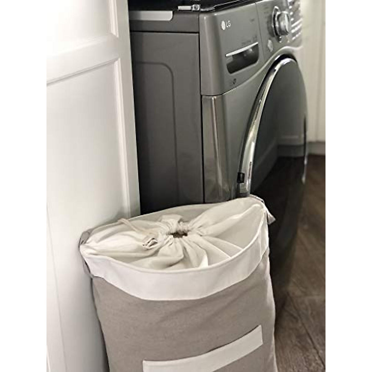 Over The Door Hanging Laundry Hamper Bag - Beautiful Linen - Drawstring Closure With Carry Strap - HOOKS NOT INCLUDED*