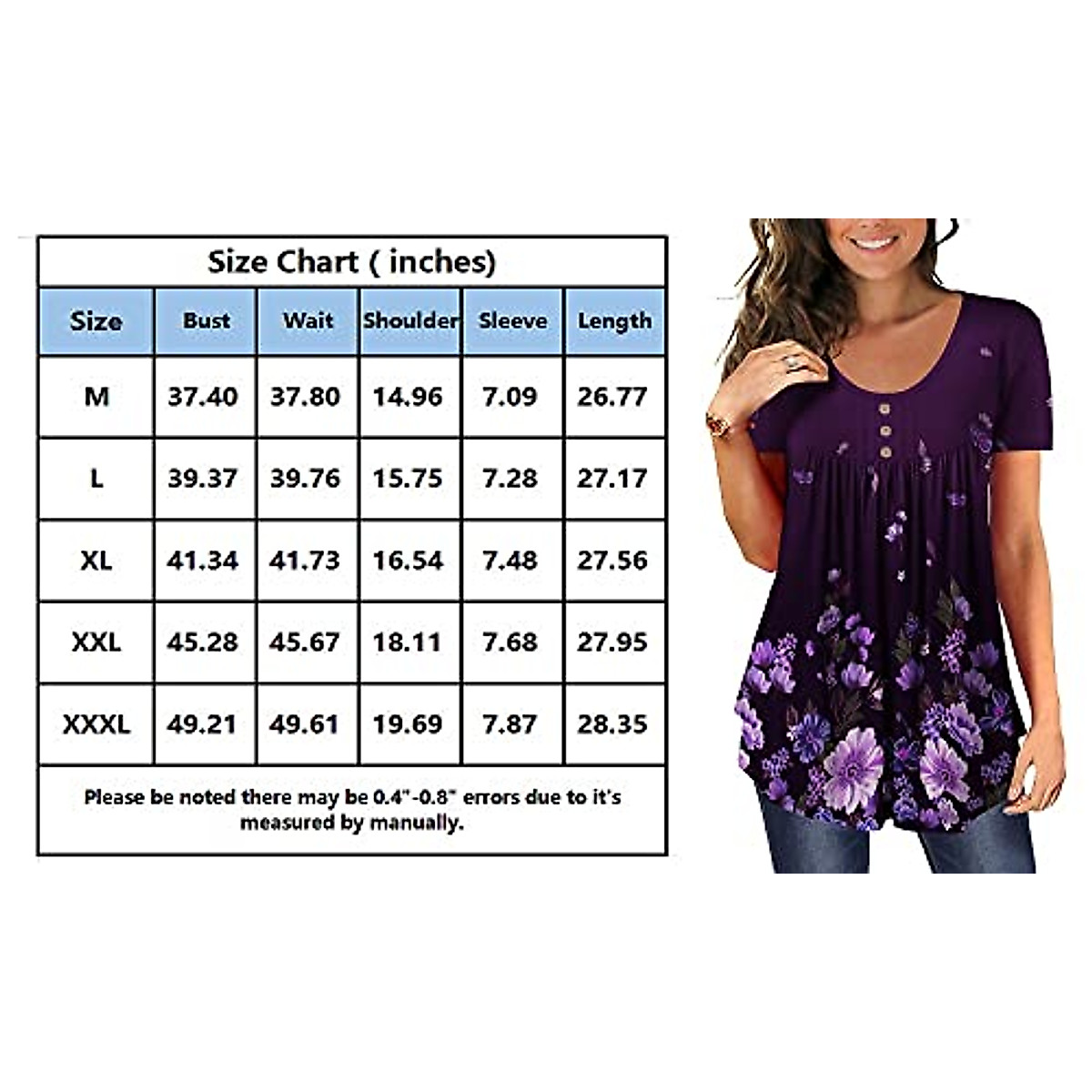 BeadChica Women's Tunic Tops For Leggings Short Sleeve Shirts Botton Up Casual Ruched Blouses Clothing Floral-XXL White Blue