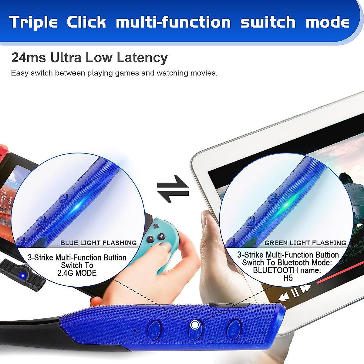 HUHD Wireless Gaming Headset Headphones for Switch PS5 PS4 PC Computer with Microphone, Bluetooth Gaming Earbuds 2.4GHz, Stereo Sound Behind-Neck in-Ear Wireless Game Headphones