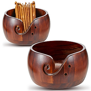 2 Sets Wooden Yarn Bowl Crochet Bowl Bamboo Handmade Knitting Wool Storage Round Rosewood Yarn Bowl with Holes 12 Pieces Crochet Hooks for Knitting Crocheting DIY Arts Crafts Tools Supplies