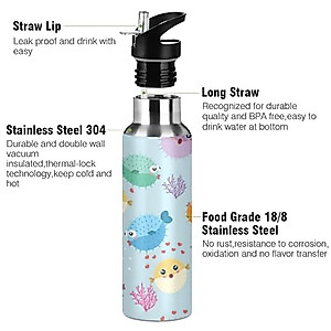 Dussdil Pufferfish Coral Hearts Water Bottle Kid's Vacuum Insulated Tumblers Stainless Steel Cup BPA Free with Handle Straw Lid for Boys Girls Gifts 34 Oz