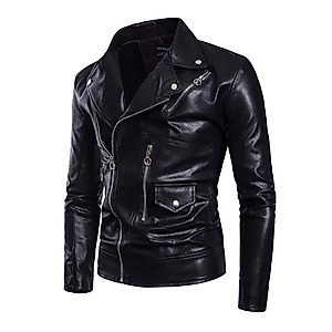 Lavnis Men's PU Leather Jacket Causal Belted Faux Leather Motorcycle Jacket Zipper Biker Coat Style 2 Black 2XL