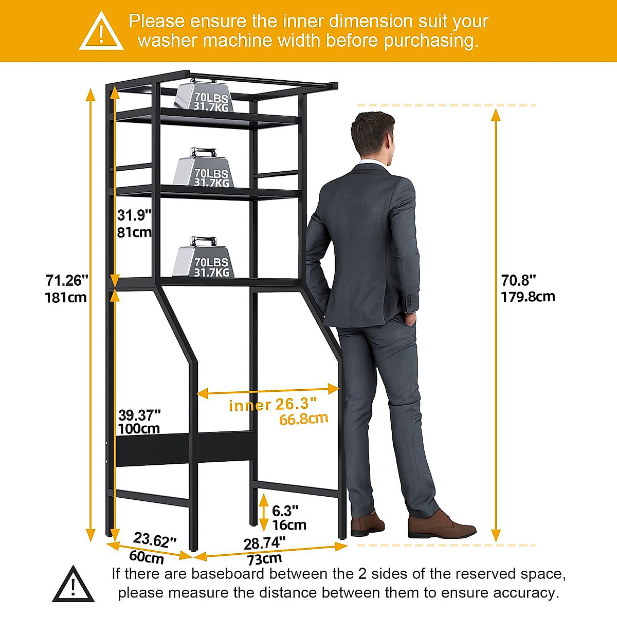 VZONE Over The Washer and Dryer Storage Shelf - All Steel Laundry Room Organizer Standing Shelf, Heavy Duty Clothes Drying Rack with Rod, Super Tough 28.74" L x 23.65" D x 70.8" H
