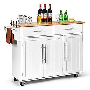 Giantex Kitchen Island Cart Rolling Storage Trolley Cart with Lockable Castors, 2 Drawers, 3 Door Cabinet, Towel Handle, Knife Block for Dining Room Restaurant Use (White)