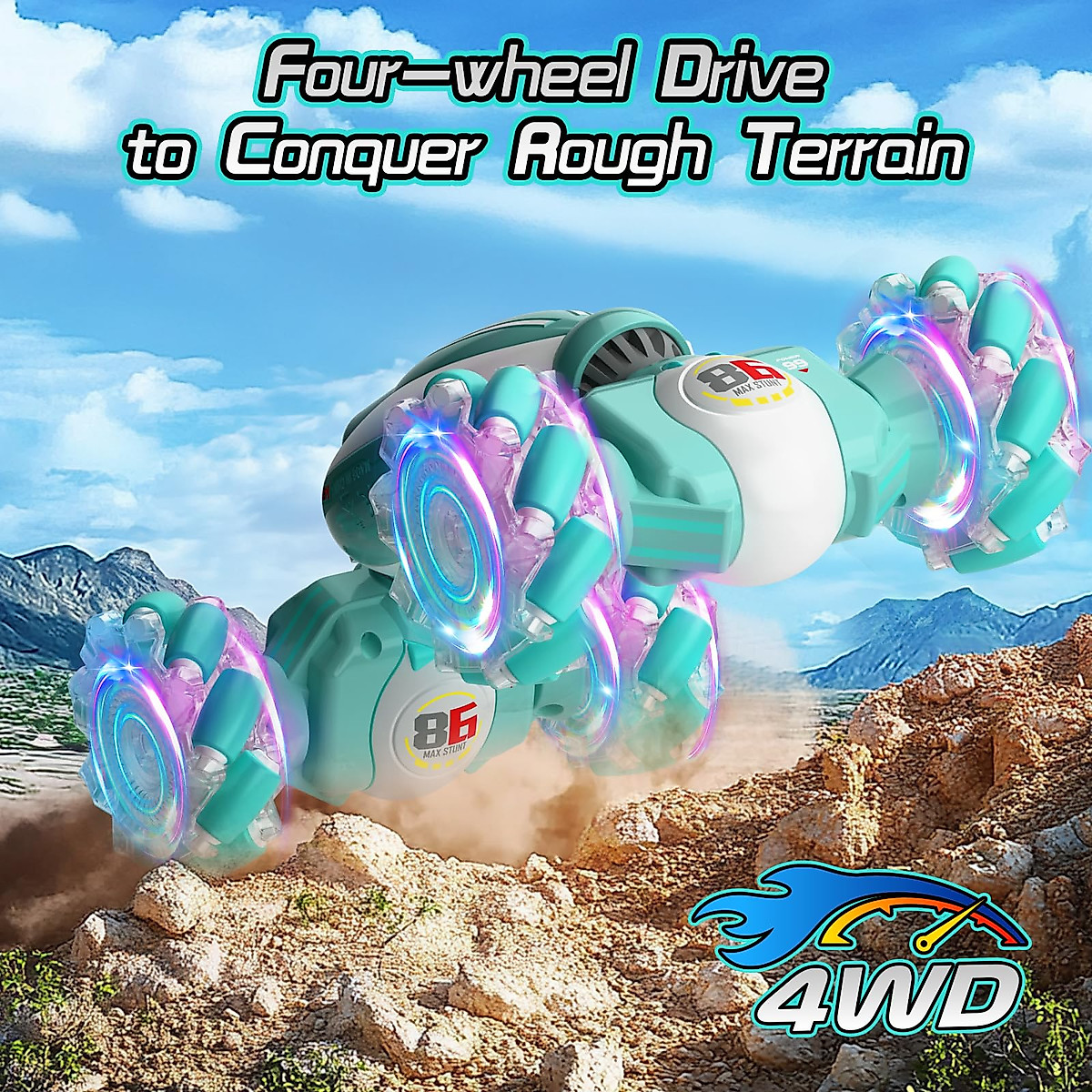 YTKIH Gesture Sensing RC Stunt Car, Best Birthday Gift Ideas for Boys 6-12, Toys for Boys Age 8/9/10/11/12, 4WD 2.4GHz Remote Control Twist Car with Light & Music, Off Road 360° Rotating