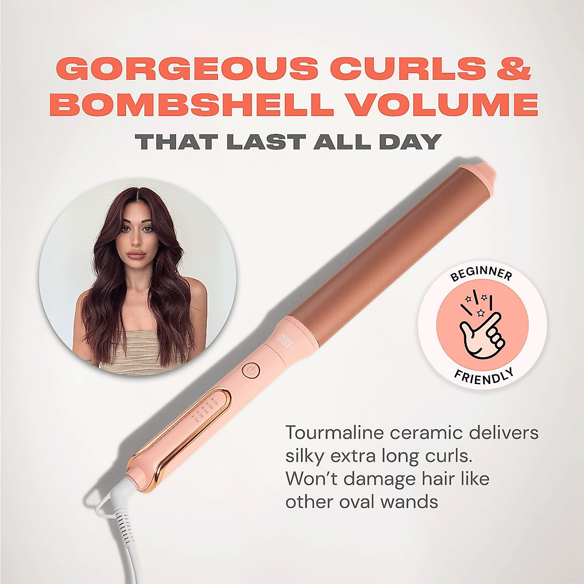 INH Hair Extra Long Oval Barrel Curling Iron with Tourmaline Ceramic Wand & Ionic Technology for Longer Looser Curls with Z-Formation | Best Hair Clamp Free Wand for Frizz Free Hollywood Blowout