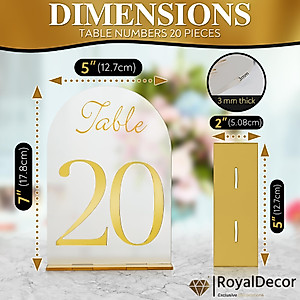 RoyalDecor's Frosted Arched Acrylic Table Numbers 1-20 with Gold Mirror Number and Stands - Perfect Wedding Table Decorations Accessories - Small Number Stand Centerpieces for Reception Tables - 5x7