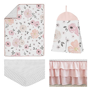 4 pc. Blush Pink, Grey and White Watercolor Floral Baby Girl Crib Bedding Set by Sweet Jojo Designs - Rose Flower Polka Dot