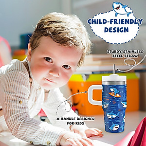 Shark Gifts for Boys, Shark Tumbler with Handle and Straw for Kids 14 oz, Gifts for Shark Lovers Kids, Cute Shark Themed Gifts for Toddlers, Insulated Stainless Steel Shark Mugs for Boys Girls