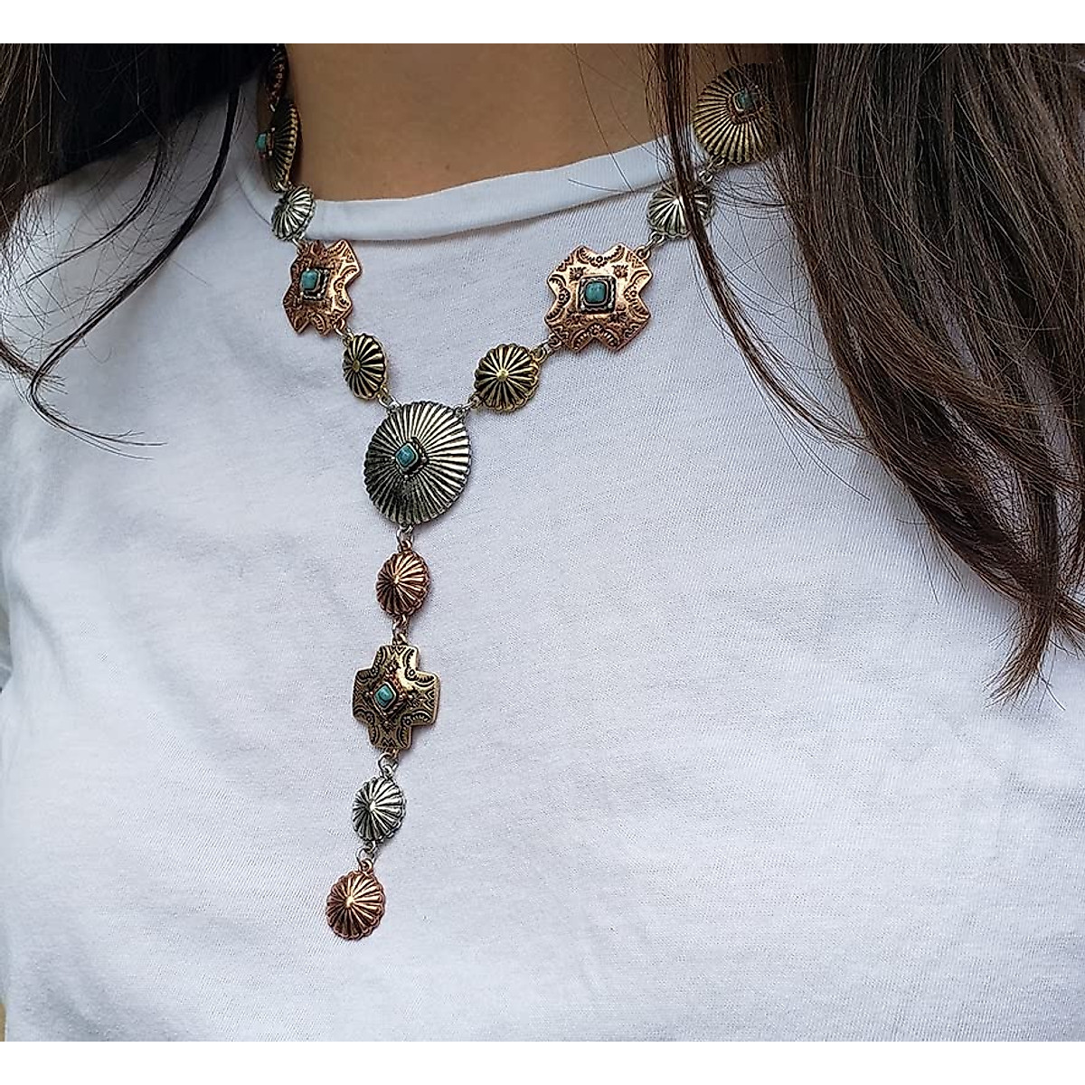 Rosemarie & Jubalee Women's Stunning Tri Toned Western Conchos With Semi Precious Turquoise Howlite Stone Y-Drop Collar Necklace, 17"+3" Extender