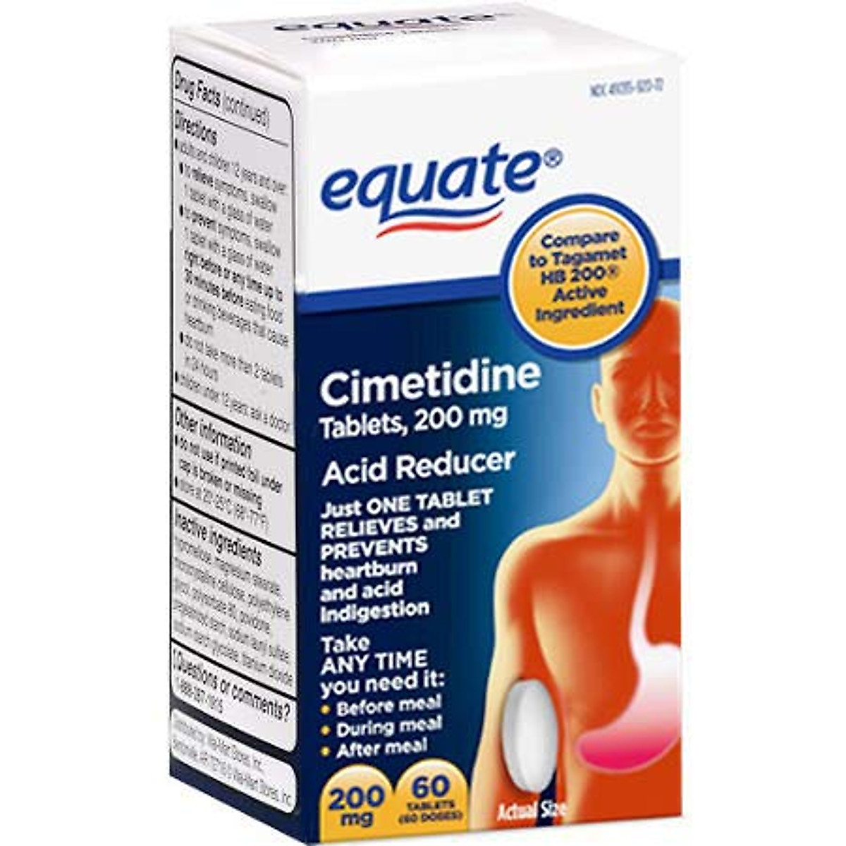 Cimetidine 200 mg - Heartburn Relief, Stomach Acidity Reducer by Equate, 60 Tablets (Pack of 5)