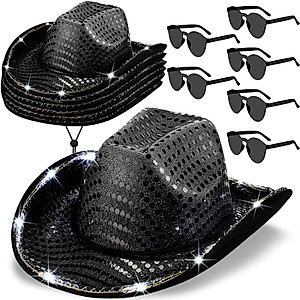 Zhanmai 6 Set LED Cowboy Hat Light Up Glitter Cowboy Hat with Sunglasses Sequin Space Cowgirl Hat for Women Men Costume (Black)