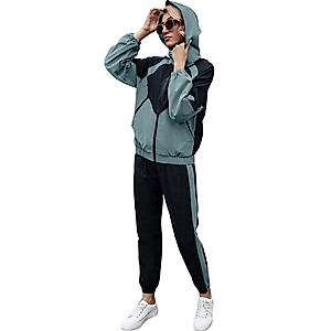 SweatyRocks Women's 2 Piece Outfits Long Sleeve Full Zip Jacket and Pants Tracksuit Set Green Black L
