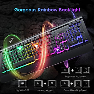 HovingTech Gaming Keyboard, USB Wired Keyboard with Metal Panel Rainbow Backlight, LED Illuminated Ergonomic Wrist Rest, Shortcuts, 19-Key Anti-Ghosting, Laptop & Desktop PC Computer Black