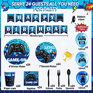 Gamer Birthday Decorations Video Game Birthday Decorations for Boys Game on Birthday Party Supplies Game Plates and Napkins Tablecloth Blue Gaming Party Decorations Men Kids Girls Level Up Party Decor