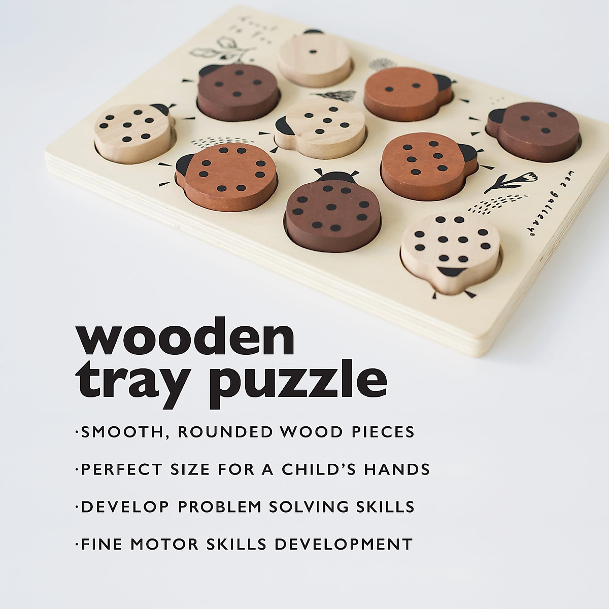 Wee Gallery Wooden Tray Puzzle Count to Ten Ladybugs - Montessori Toys for Early Learning & Fine Motor Skill Development - Sustainable Educational Toys for Kids - (10x 7 Inches)