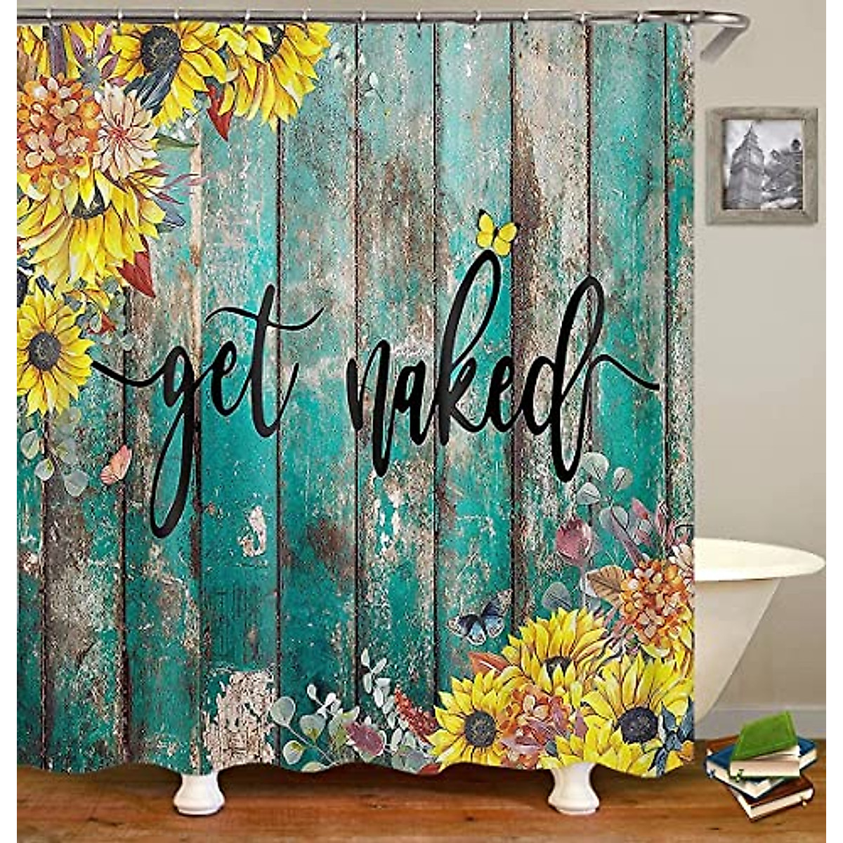 4Pcs Get Naked Sunflower Shower Curtain Sets Floral Green Bathroom Set Decor with Non-Slip Rugs Bath U-shaped Mat Toilet Lid Cover Country Flower Bathroom Curtains Shower Set with 12 Hooks, 70.8×70.8
