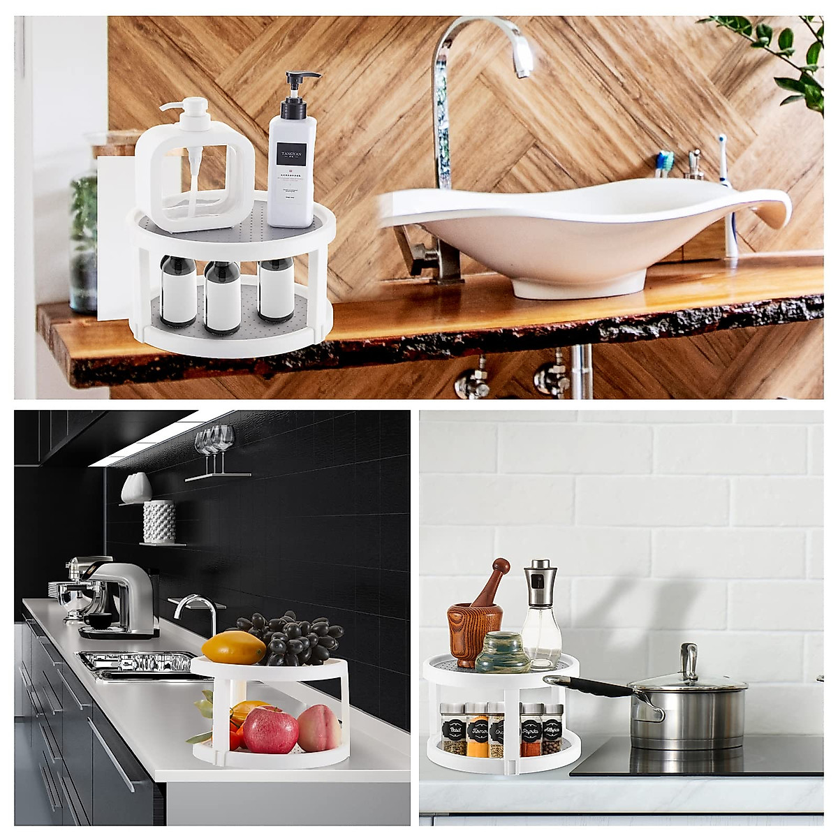 4 Pcs 2 Tier Non Skid Lazy Susan Turntable 10 inch Cabinet Organizer Plastic Lazy Susan Organizer Rotating Spice Rack Pantry Lazy Susan Organization and Storage for Kitchen Spices Condiments Fridge