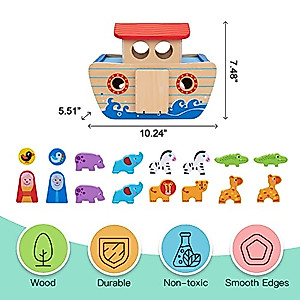 TOOKYLAND Wooden Noah's Ark Toys for Kids, Bible Story Toys Baptism Gifts for Girls and Boys, Animal Shape Sorter Toys Montessori Toys for 2 3 4 Year Old