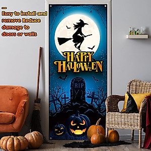 Panelee Halloween Door Decorations 79 x 35 Inches Skeleton Witch Window Door Cover Photo Posters Banner Backdrop Halloween Wallpaper Sticker for Front Door Porch Halloween Party Supplies(Moon, Witch)