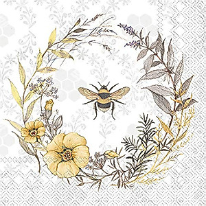 Boston International IHR 3-Ply Cocktail Beverage Paper Napkins, 20-Count, 5 x 5-Inches, Bee Wildflower Wreath