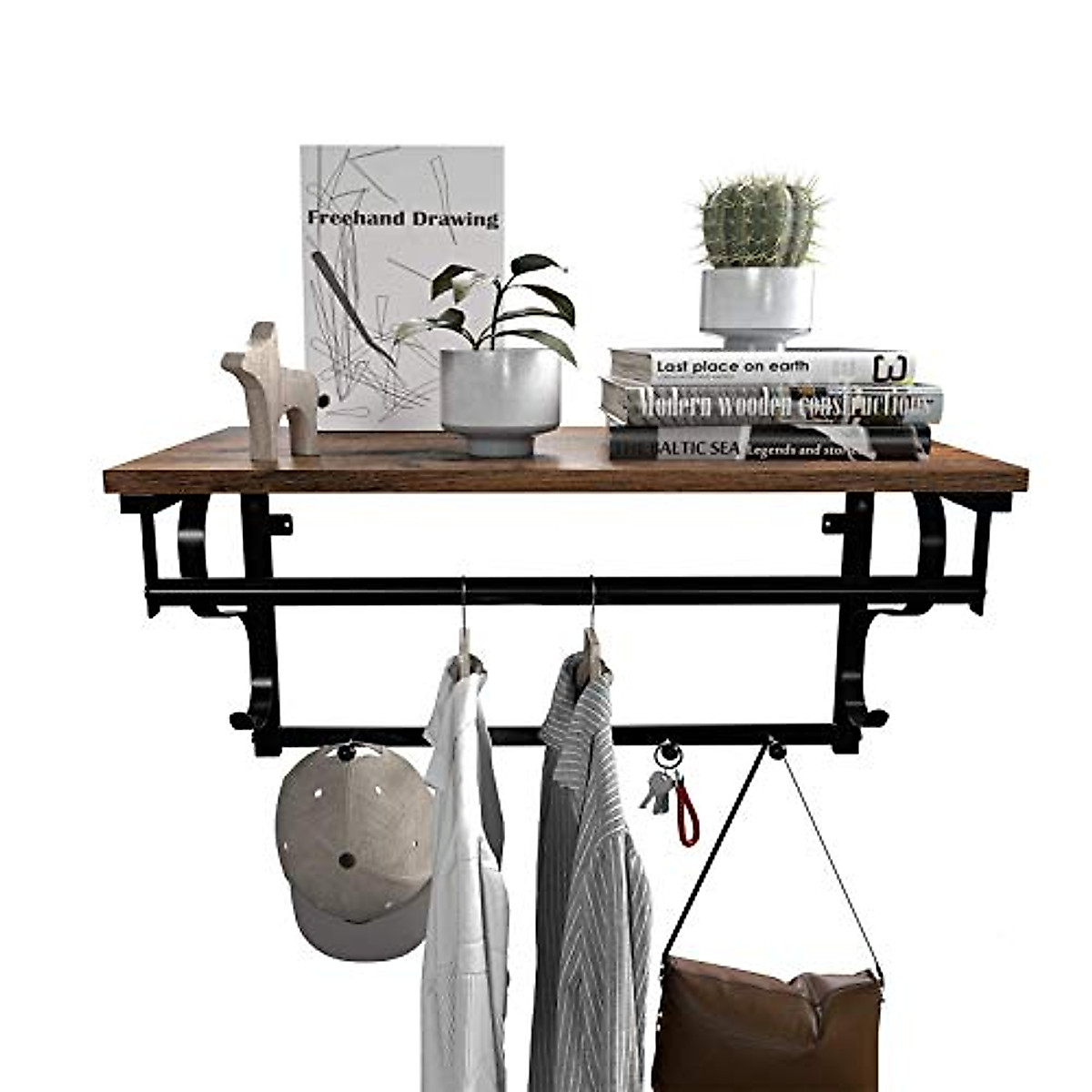 VASAGLE Coat Rack Wall Mount, Wall Hooks with Shelf, Hanging Rail, 5 Hooks, for Entryway, Bathroom, Laundry Room, Rustic Brown and Black ULCR11BX