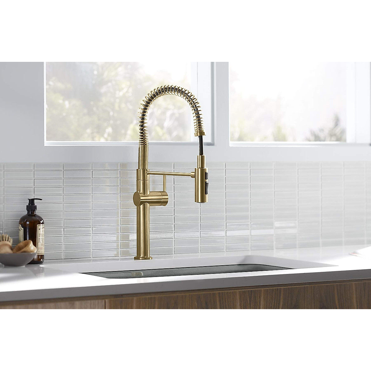 KOHLER 22973-2MB Crue High-Arc Kitchen Faucet with Pull Down Spring Spout, Professional Pre-Rinse Kitchen Faucet, Commercial Faucet, Vibrant Brushed Moderne Brass