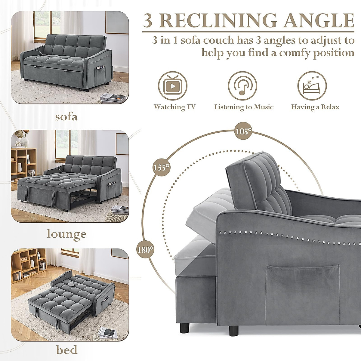 JEEOHEY Sleeper Sofa Couch with Type C, USB Port, 3 in 1 Modern Velvet Convertible Loveseat Sofa w/Pull Out Bed, Curved Armrest for Small Space Livingroom Apartment Office, Grey