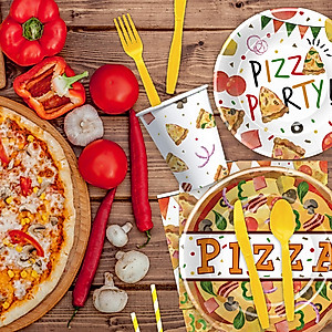 YJRJSC Pizza Birthday Party Supplies, Pizza Party Decorations Dinnerware, Paper Dinner Plate, Dessert Plate, Cup, Napkin, Disposable Fork, Pizza Theme Baby Shower Table Decorations Tableware, Serve 24