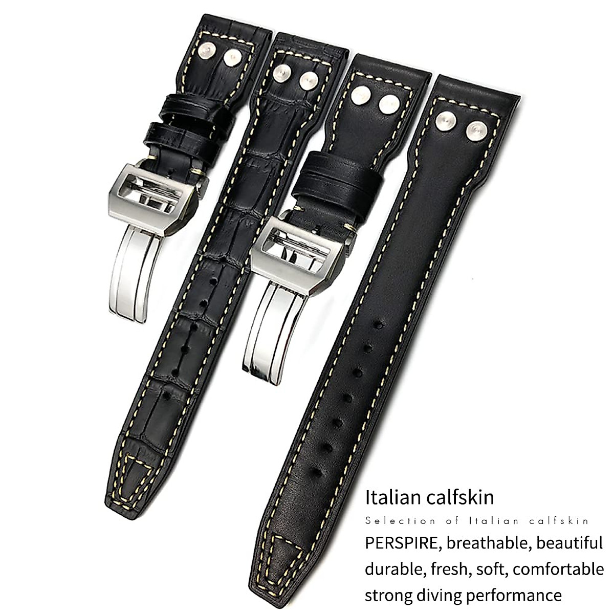 Genuine Leather With Rivets Watchband 20mm 21mm 22mm Fit for IWC Big Pilot's Watches Le Petit Prince TOP GUN IW3777 IW3293 Wristband Folding Buckle Cowhide Watch Strap (Crazy horse leather, 22mm)