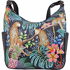 Anuschka Women's Hand-Painted Genuine Leather Classic Hobo With Studded Side Pockets - Jungle Queen