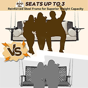 Yalissey 3 Seat Hanging Porch Swing, Patio Swing Bench with Tea Trays & 3 Back Cushions, Swing Chair with Chains for Deck Garden Backyard (Beige)