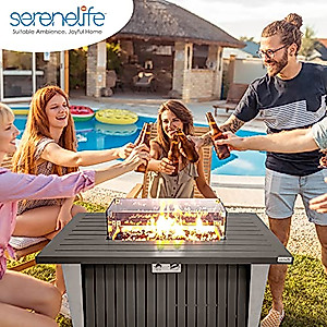 Outdoor Propane Fire Pit Table - CSA/ETL Certified 50,000 BTU Pulse Ignition Weatherproof Rectangle Propane Gas Fire Table w/Adjustable Flame - Glass Rocks Wind Guard, Black - SereneLife SLFPSX55