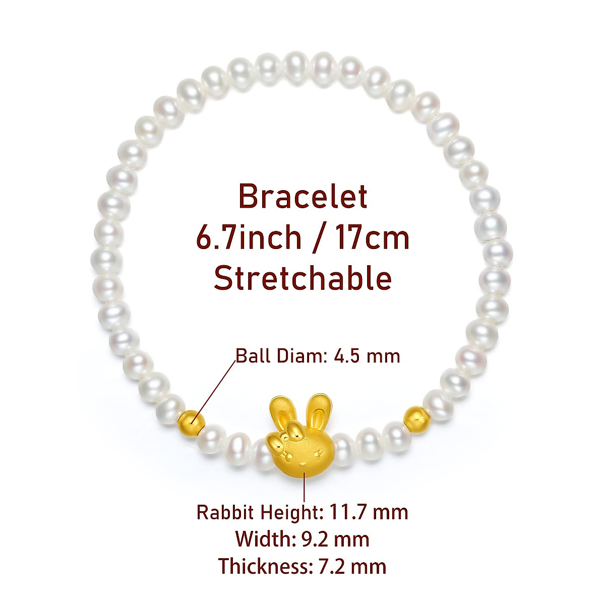 ZHOU LIU FU 24K Solid Gold Bracelets for Women, Stretchable Real Gold Rabbit Freshwater Pearl Bangle Charm Bracelets, Pure Gold White Pearls Bunny Bracelet