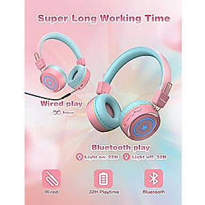 Link Dream Kids Bluetooth Headphones with Microphone for School On-Ear Headphone Toddler Children Wireless Headphone Headset with LED Lights Compatible with Cellphone/Computer/Tablet/iPad (Pink)