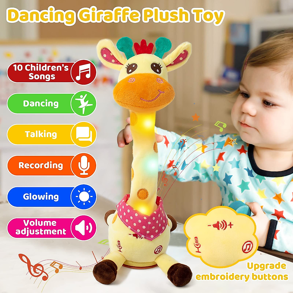 Emoin Giraffe Stuffed Animal Baby Toys 6 to 12 months Giraffe Toys Singing 10 Children's Songs Dancing Giraffe Light Up Toys Repeat What You Say Giraffe Gifts for Toddlers 1-3 Years Old
