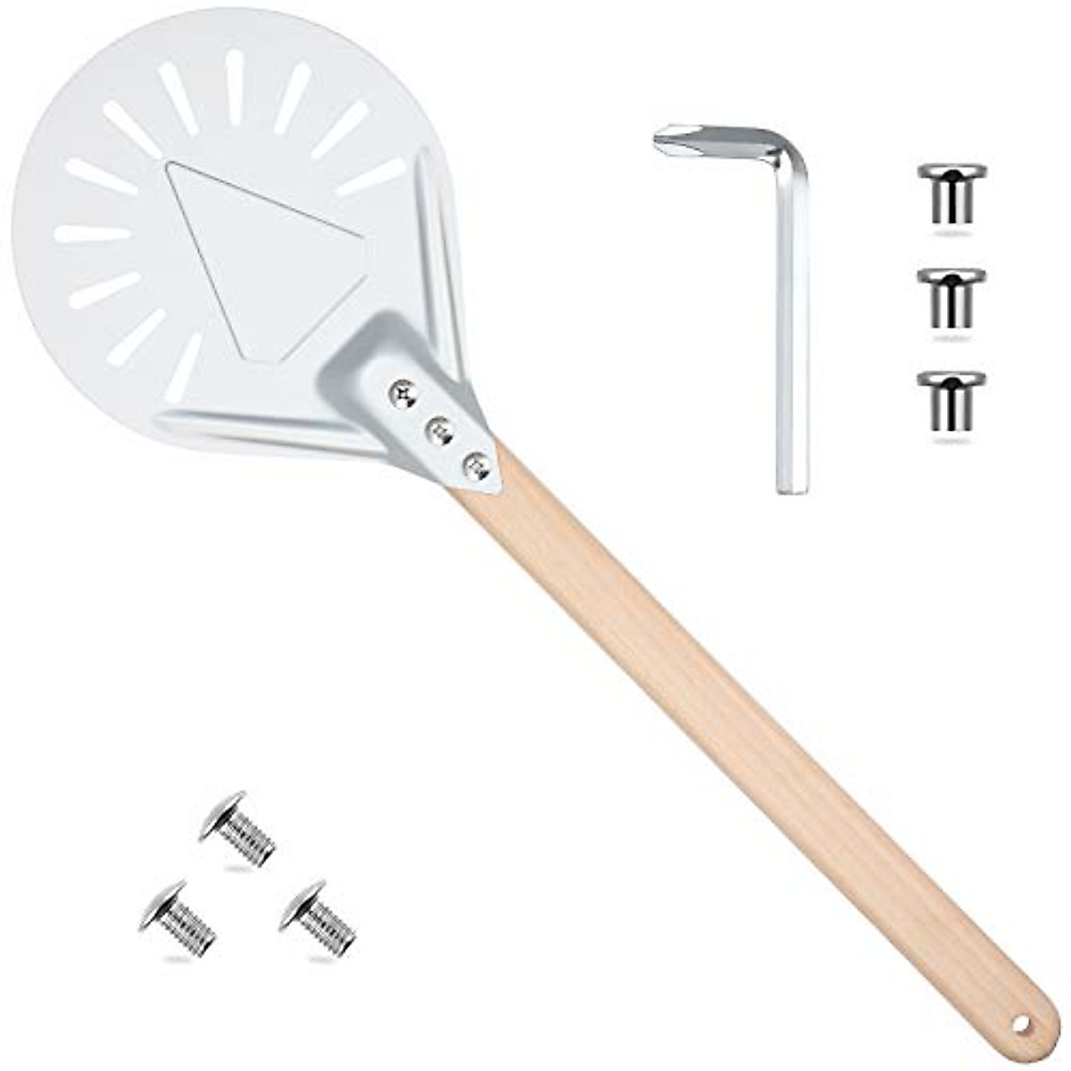 Round Perforated Pizza Peel Non-slip Durable Aluminum Turning Peel Pizza Paddle with 16 Inch Anti-Scalding Wooden Handle for Homemade Pizza Bread Bakers (7 Inch)