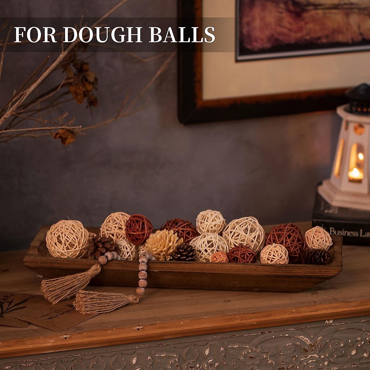 Hanobe Decorative Wood Dough Bowl: Large Long Wooden Centerpiece Table Decorations Natural Candle Holder Tray Decor Rustic Unfinished Centerpieces for Dining Room Kitchen Fruit Bowls, Brown