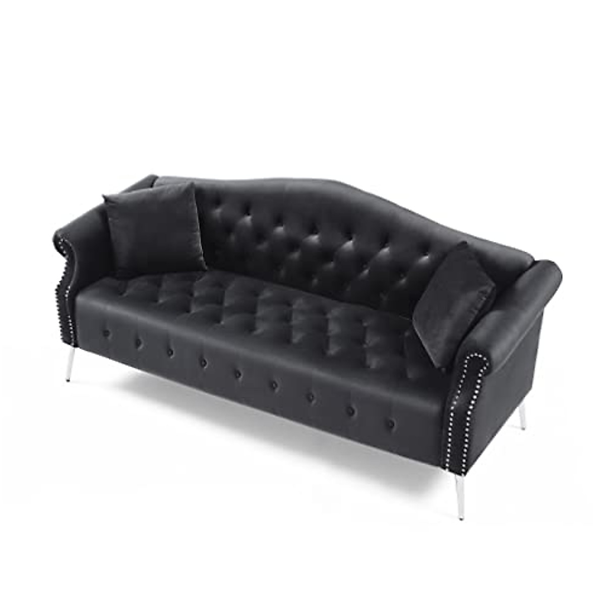 LIADTOP, 78.7" Classic Chesterfield Velvet Sofa Contemporary Upholstered Couch with Button Tufted and Rolled Arms, 2 Pillows Included, 3 Seater, Black